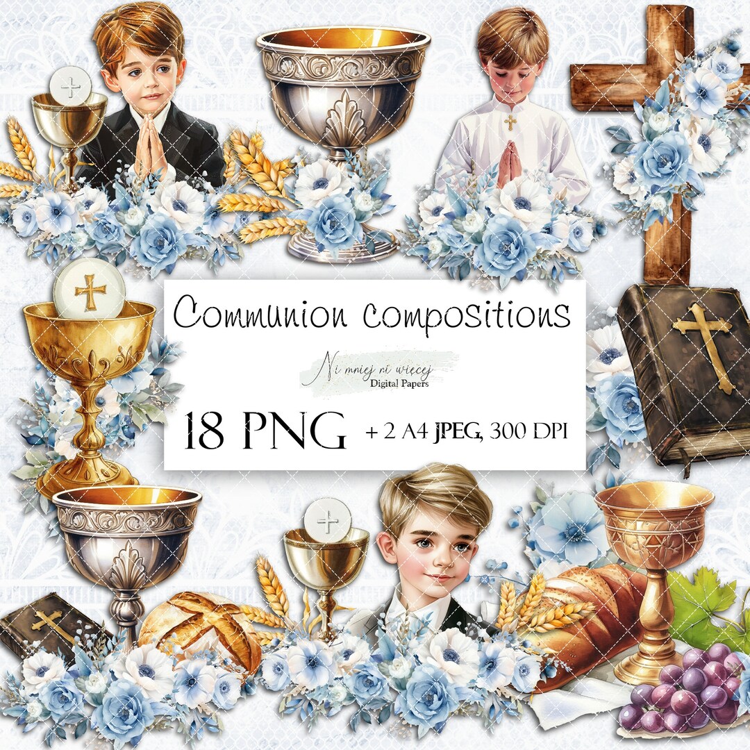 BLUE First Communion Compositions With Flowers, PNG Watercolor Cliparts ...
