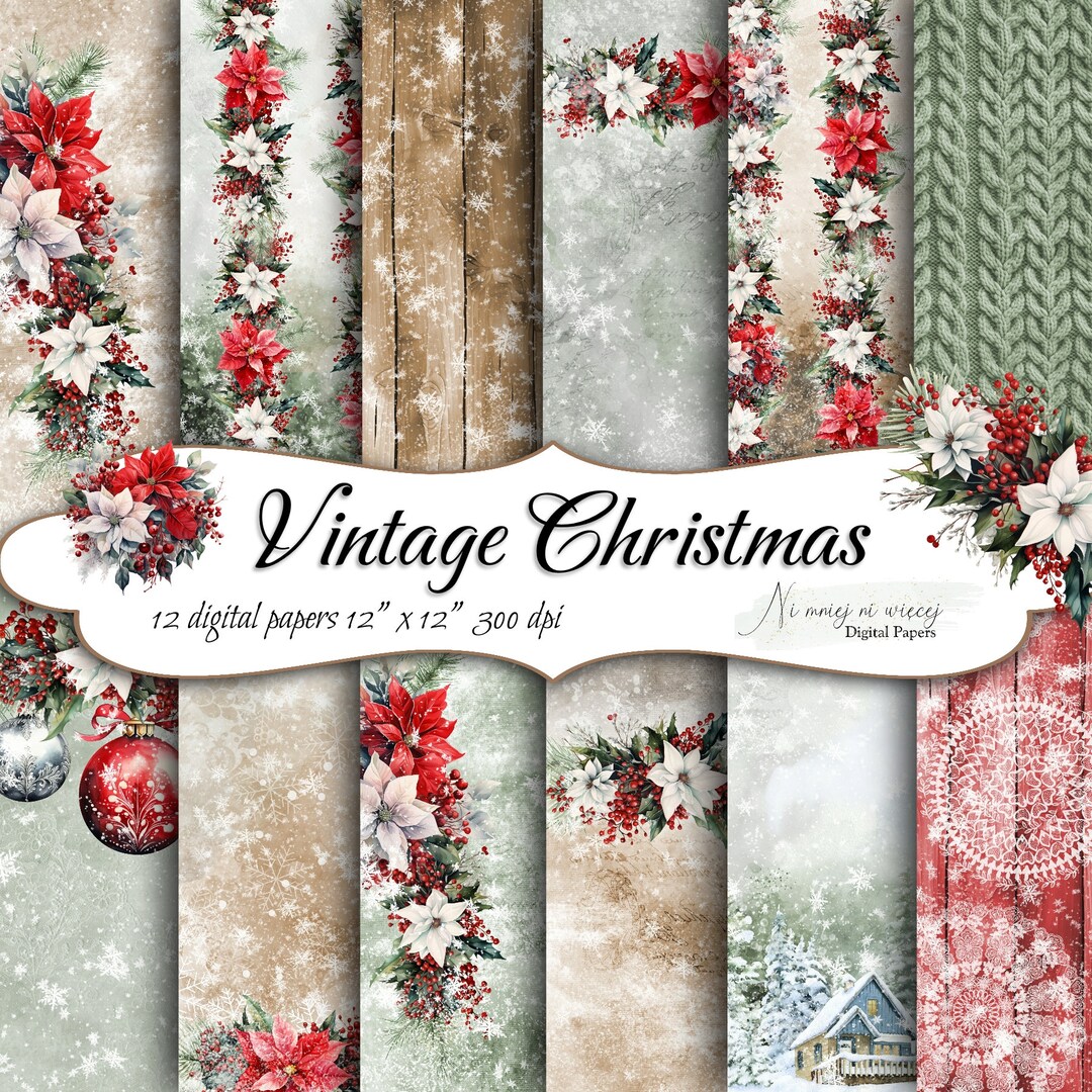 Vintage Christmas Collection, Holiday Digital Papers, Red and Green ...