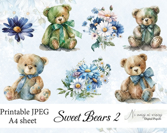 Sweet Bears 2 Collection of Teddy Bears and Flowers, Printable Digital ...