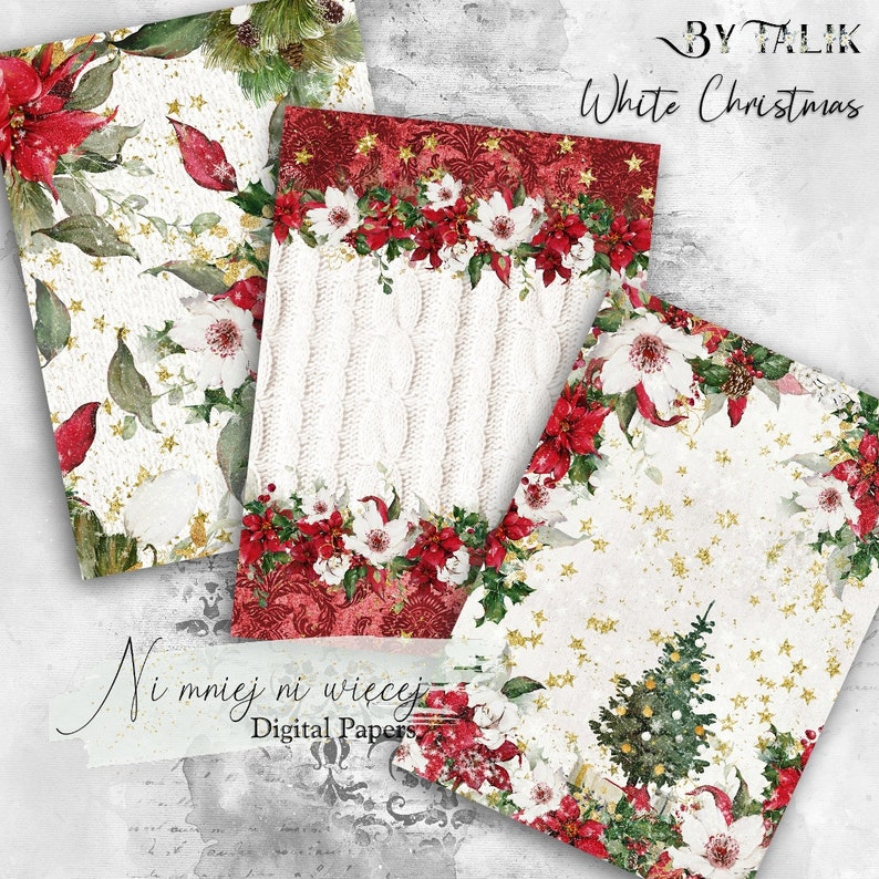A4 White Christmas Collection, Holiday Digital Papers, White and Red ...