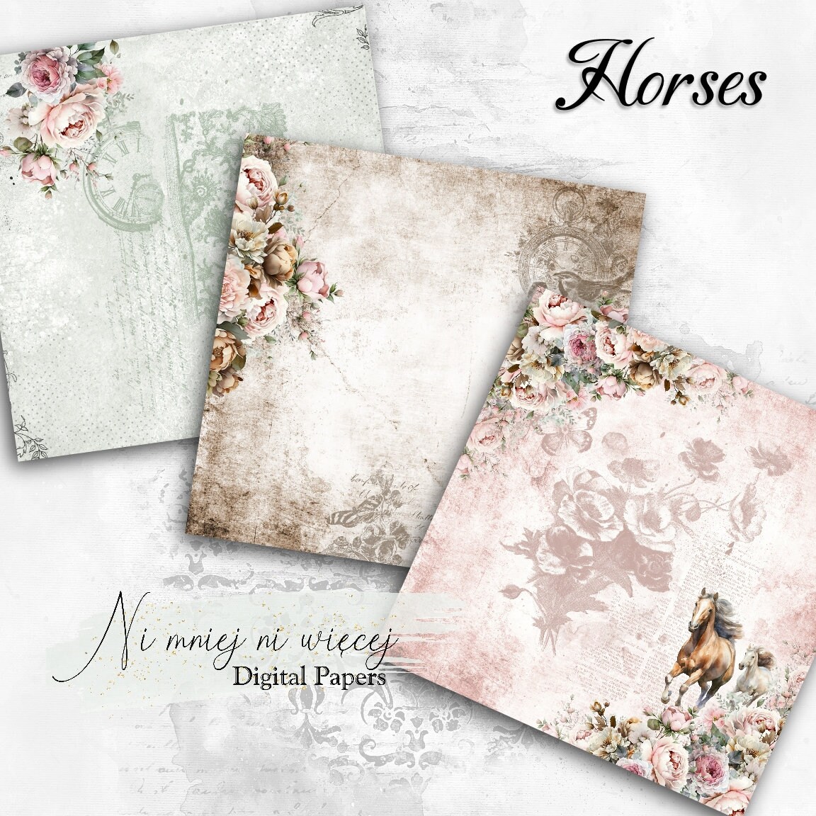 Horses Collection, Printable Digital Paper, Scrapbooking Paper Pack ...