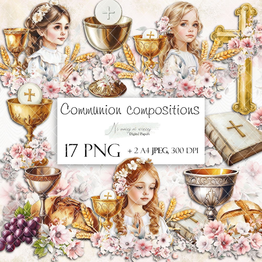 PINK First Communion Compositions With Flowers, PNG Watercolor Cliparts ...