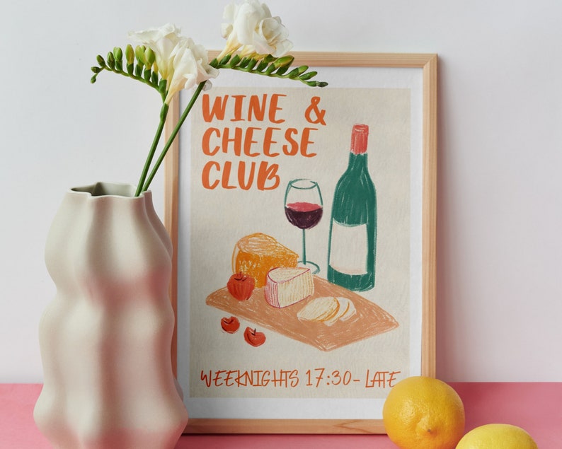 Wine and Cheese Club Poster, Retro Food Art, Modern Kitchen Wall Art ...