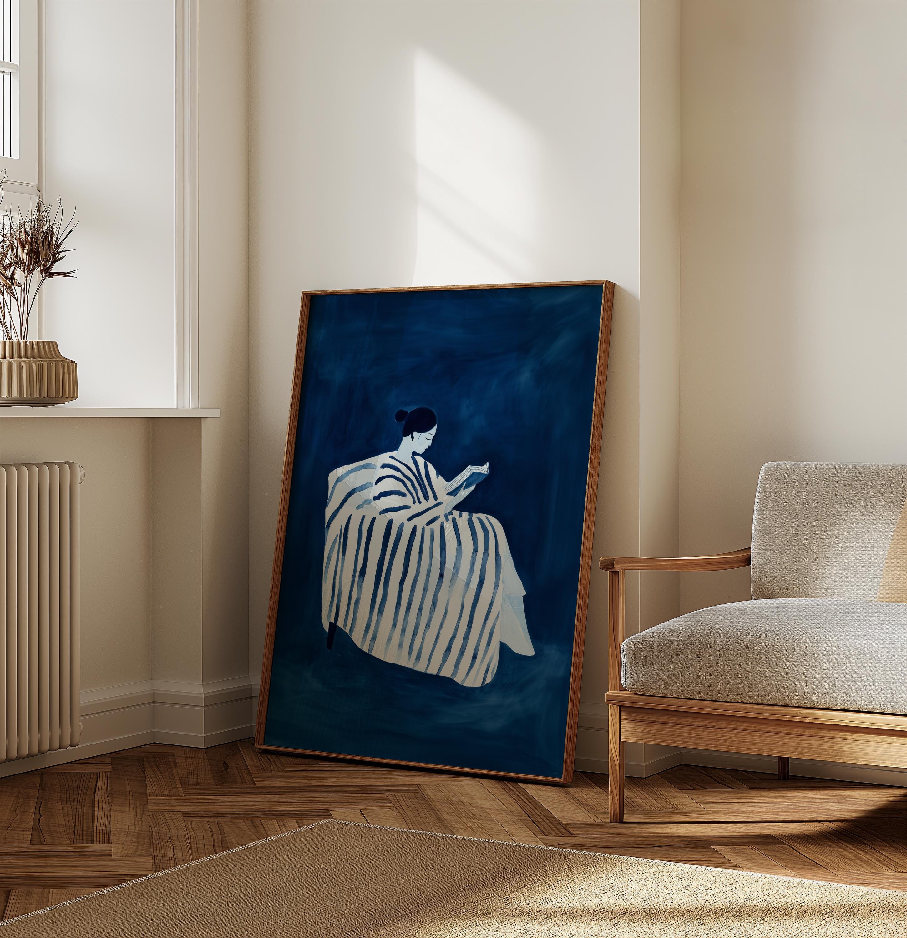 Navy Blue Abstract Reading Woman Art Trendy Reading Poster Contemporary ...