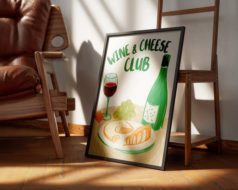 Wine and Cheese Club Poster, Retro Food Art, Modern Kitchen Wall Art ...