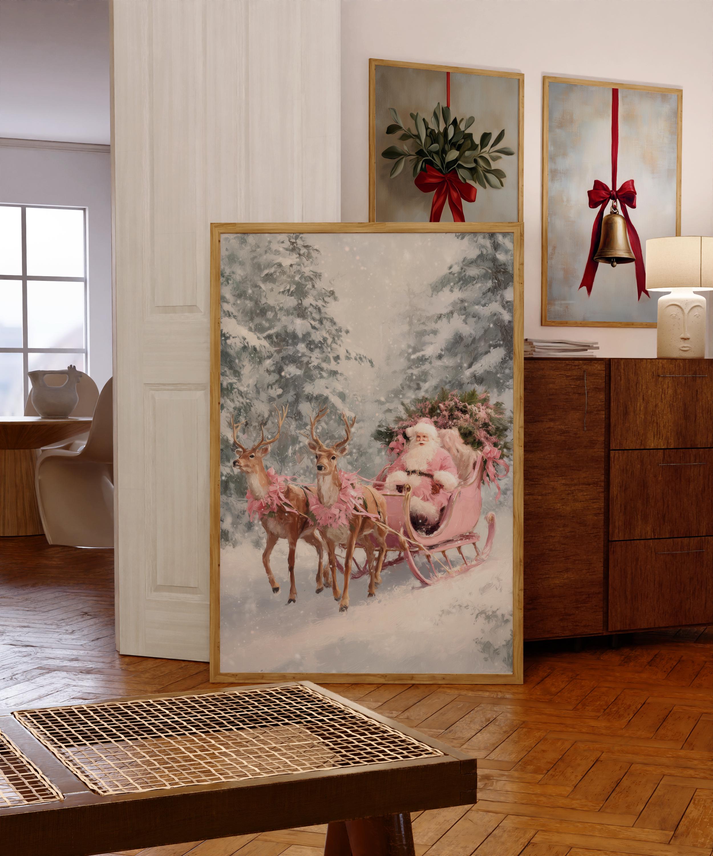 Pink Santa Sleigh Ride Print, Vintage Christmas Santa Wall Art, Preppy ...