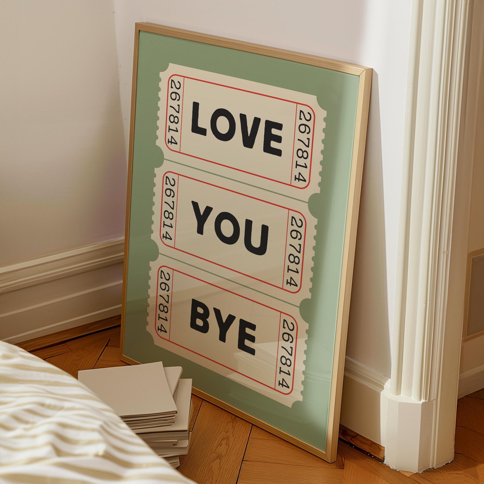 Love You Bye Retro Ticket Print, Sage Green Hallway Wall Art, Cute Home ...