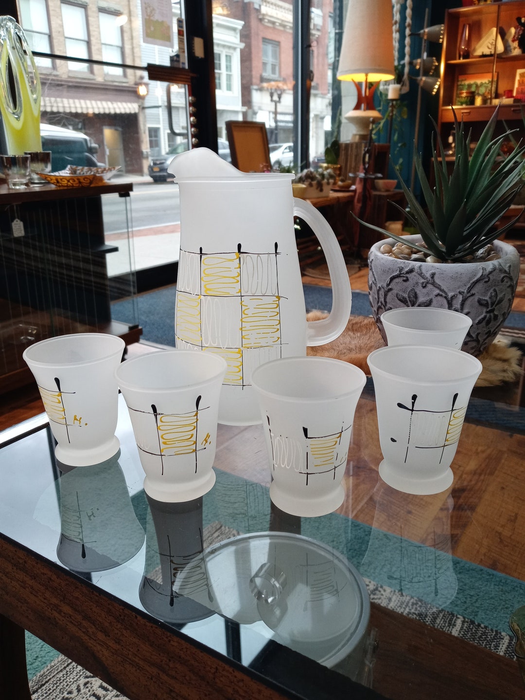 Frosted Pitcher and Glass Set Hand Painted Vtg - Etsy