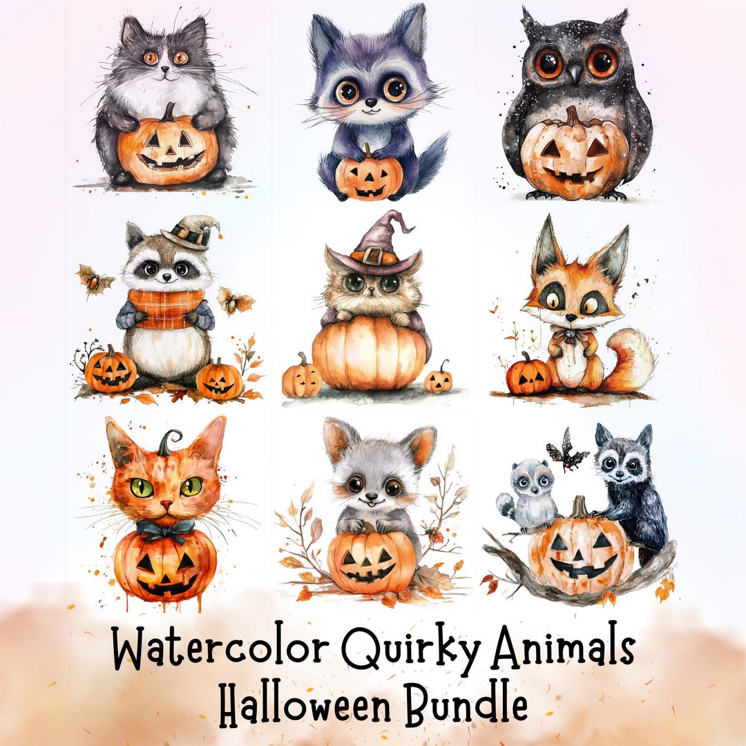 Watercolor Halloween Animal Clipart: Quirky Woodland PNG Bundle ...