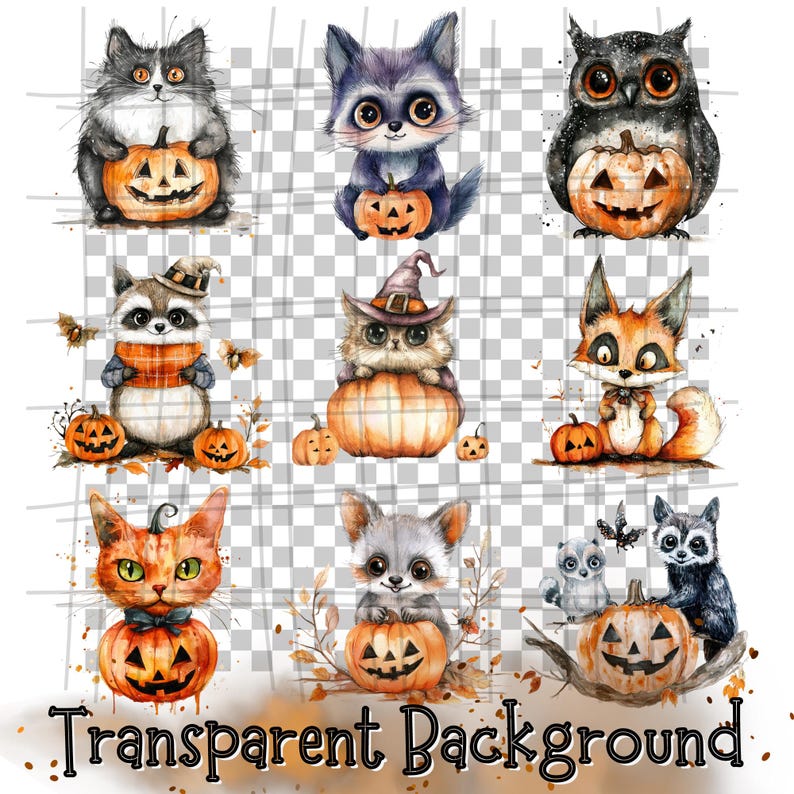 Watercolor Halloween Animal Clipart: Quirky Woodland PNG Bundle ...
