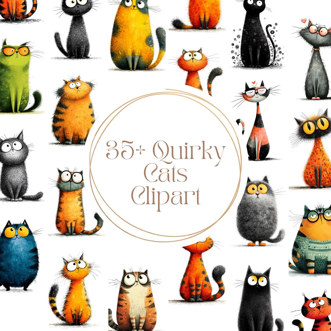 Quirky Cats Clipart Whimsical Cat Png Funny Watercolor Cat Shirt ...