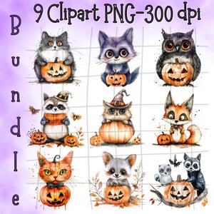 Watercolor Halloween Animal Clipart: Quirky Woodland PNG Bundle ...