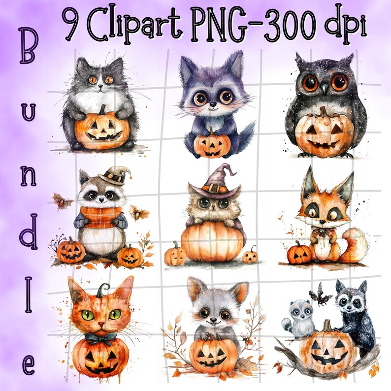 Watercolor Halloween Animal Clipart: Quirky Woodland PNG Bundle ...