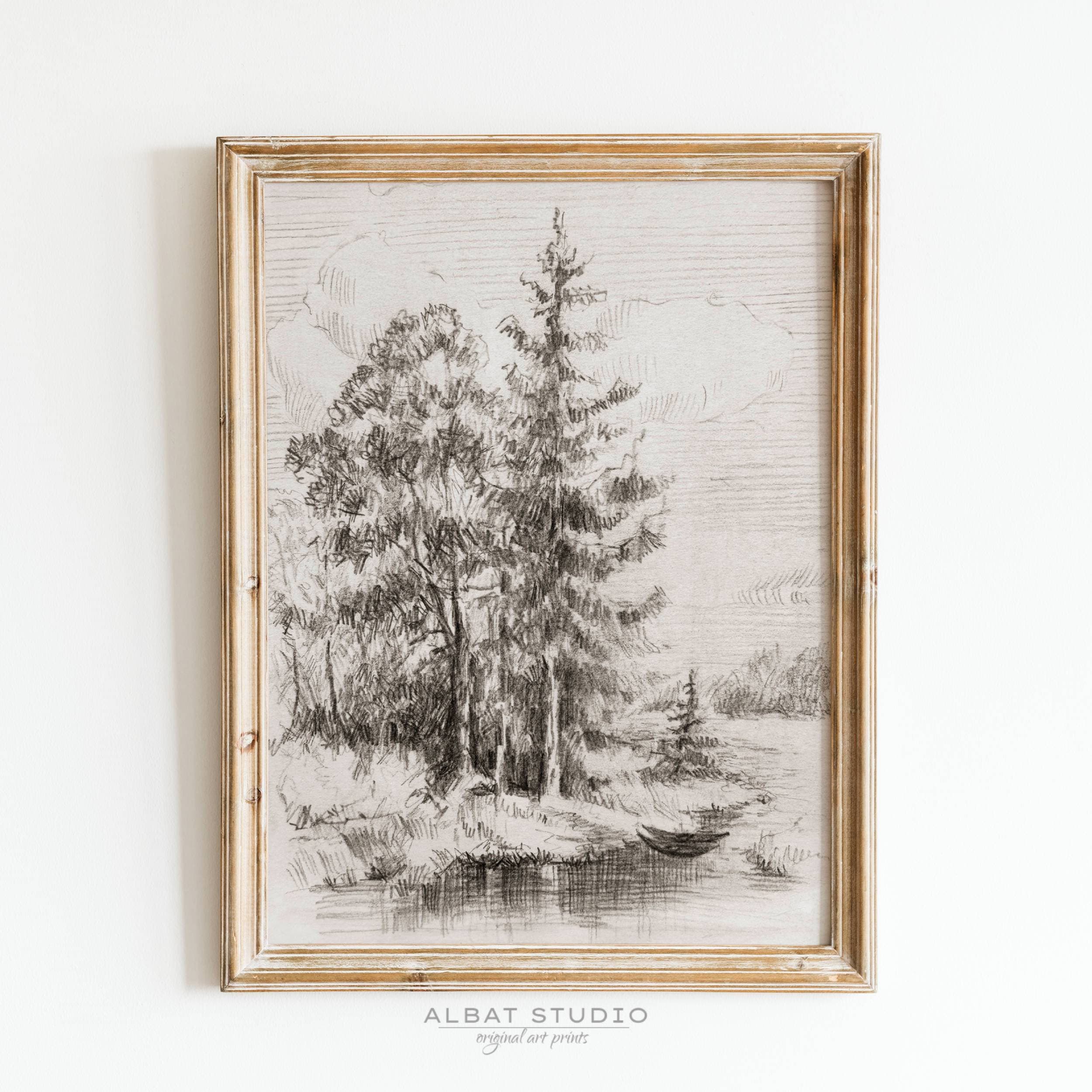 Tree Etching Vintage Landscape Sketch Black and White Art Antique ...