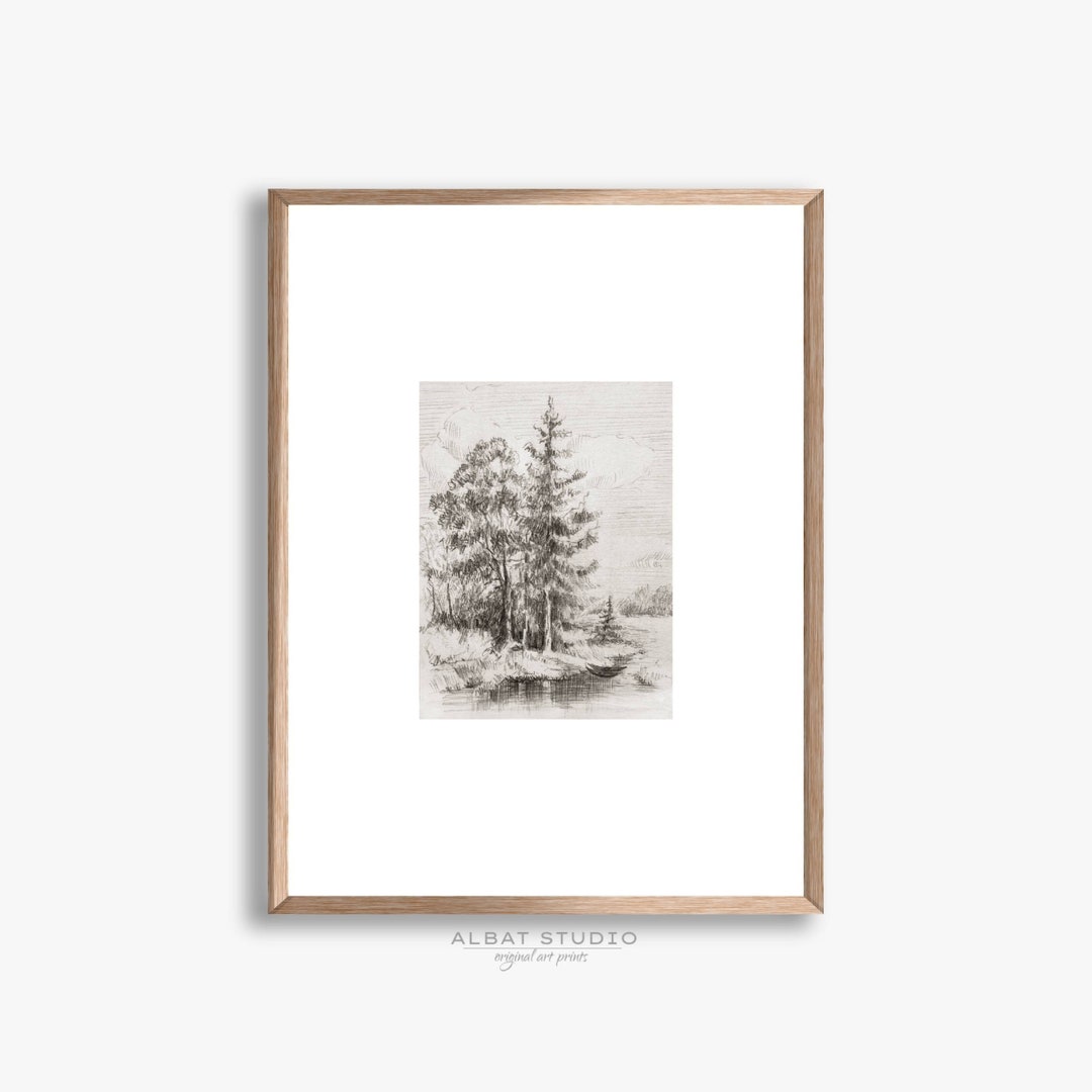 Tree Etching Vintage Landscape Sketch Black and White Art Antique ...