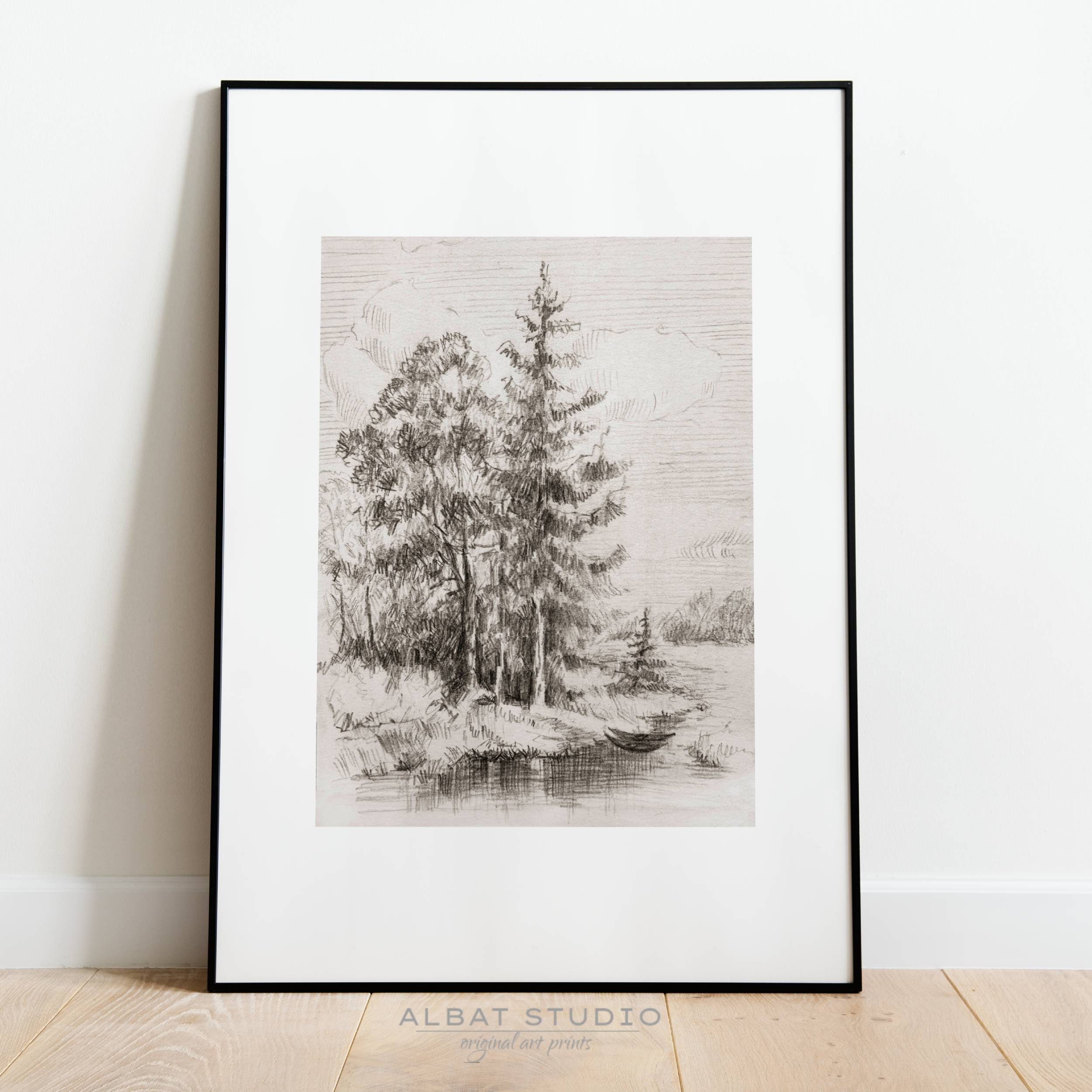 Tree Etching Vintage Landscape Sketch Black and White Art Antique ...