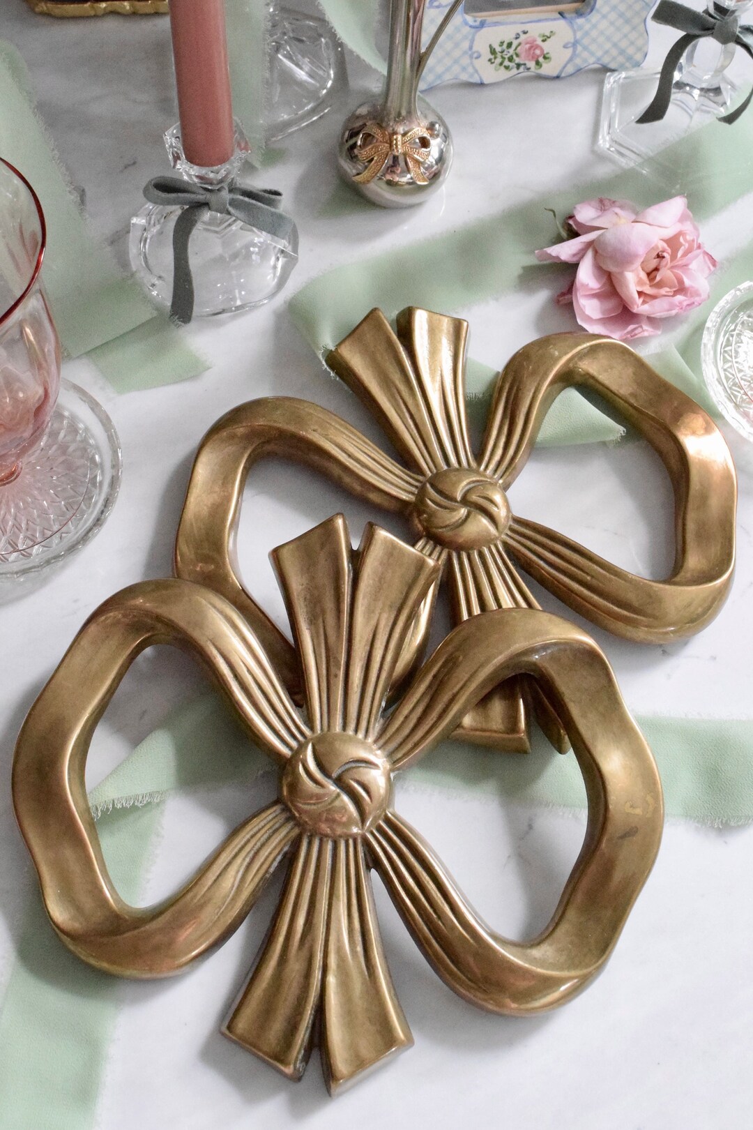 Set of 2 Vintage Solid Brass Bow Footed Trivets, Brass Knot, Gold Bow ...