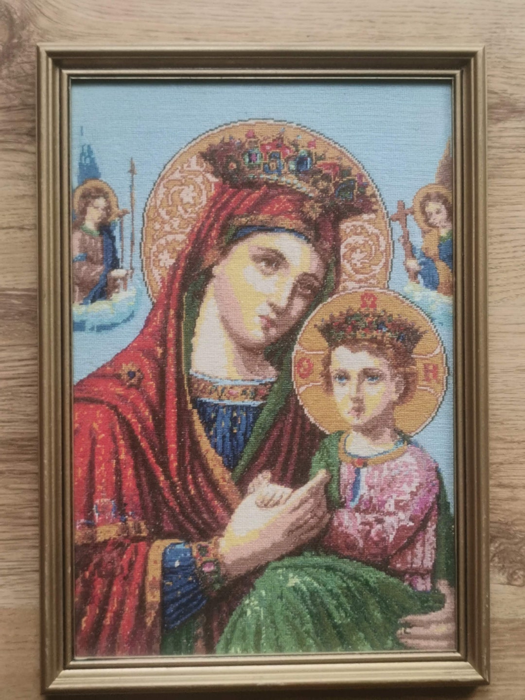 Virgin Mary With Saint, Handcrafted Embroidery, Wooden Frame - Etsy