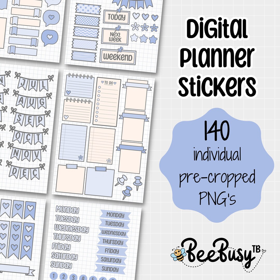 Blue Digital Planner Stickers PNG Precropped Cute - Etsy