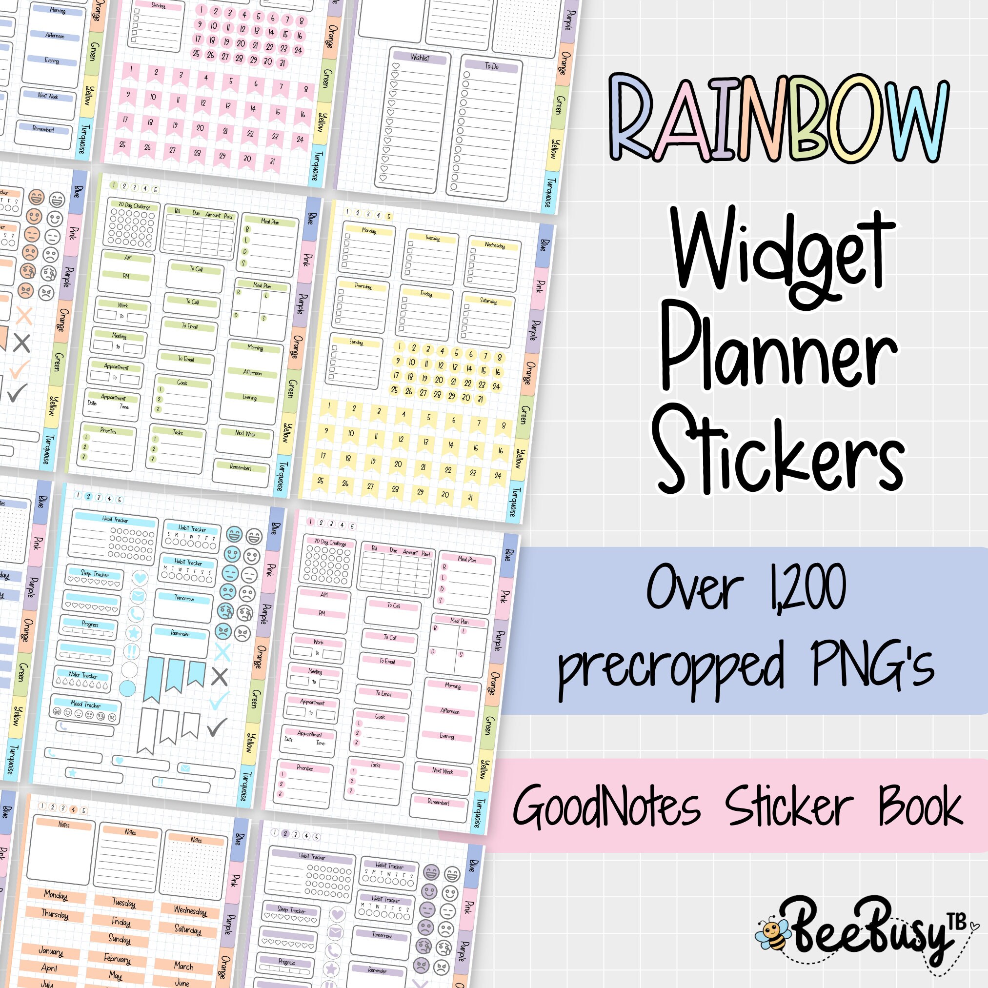 1,200 Rainbow Digital Widget Planner Stickers PNG Precropped Goodnotes ...