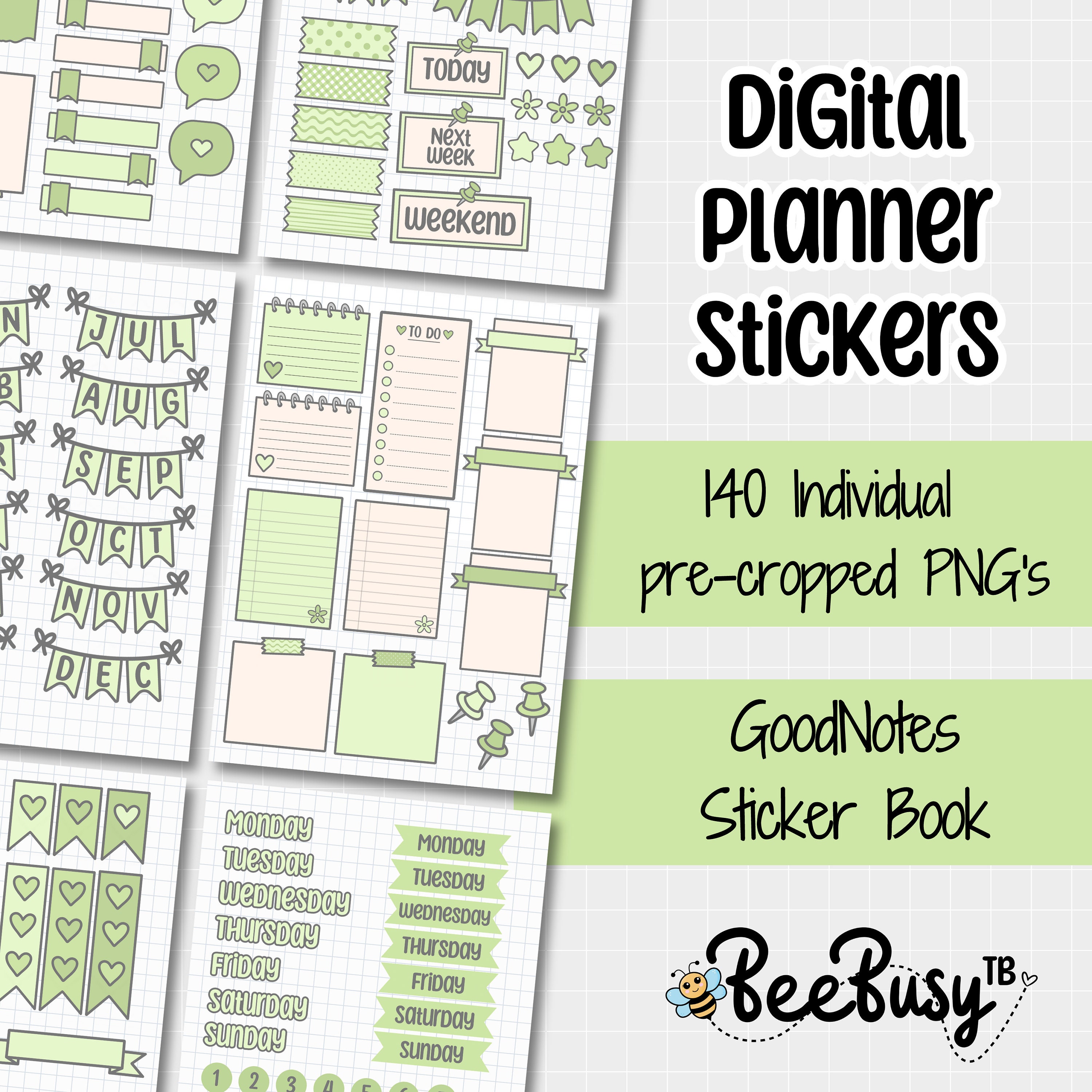 Green Digital Planner Stickers - PNG | Precropped | Goodnotes Sticker ...