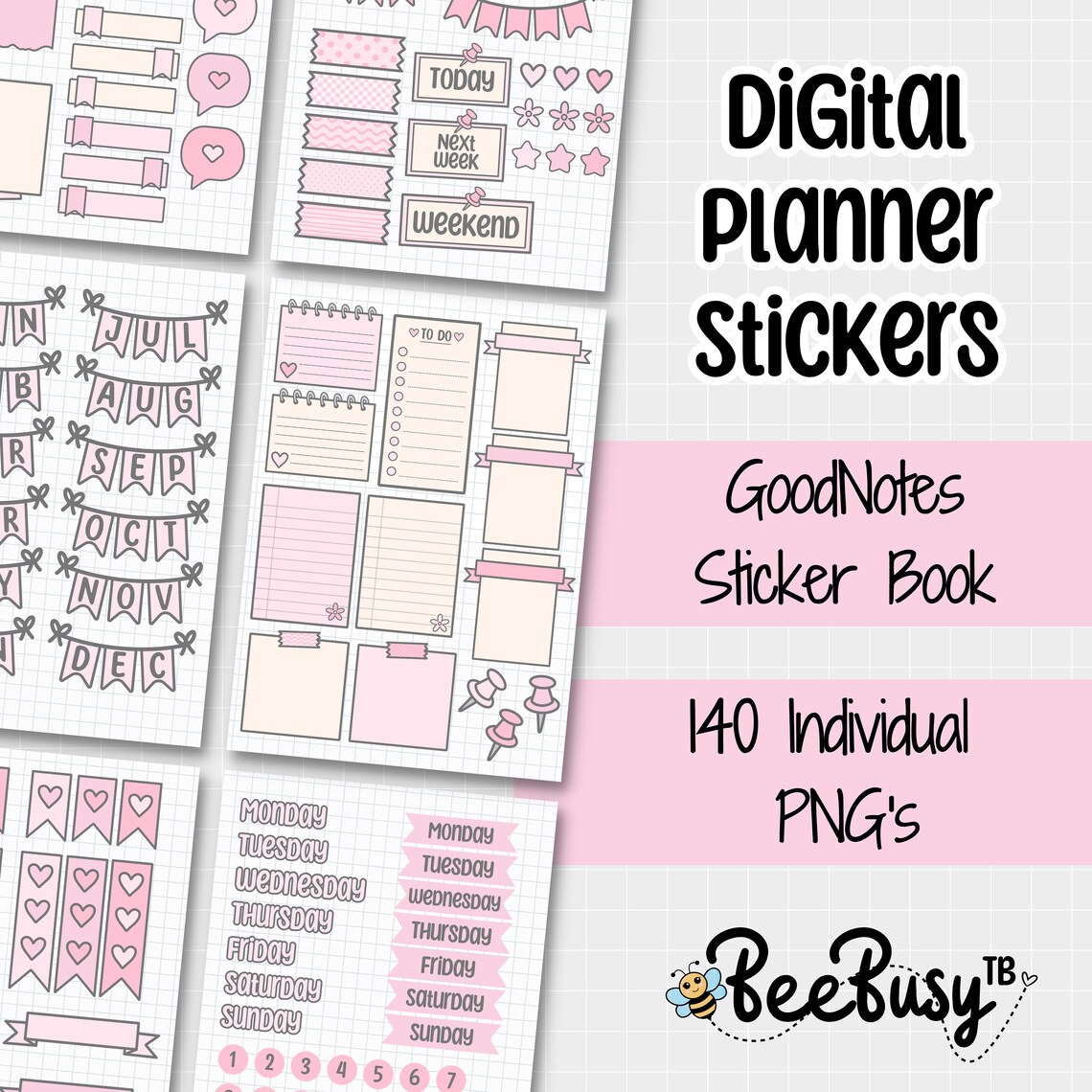 Pastel Pink Digital Planner Stickers - PNG | Precropped | Goodnotes ...