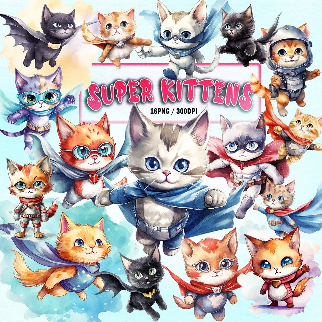 Watercolor Super Hero Kittens Clipart: Party Stickers (digital Download ...