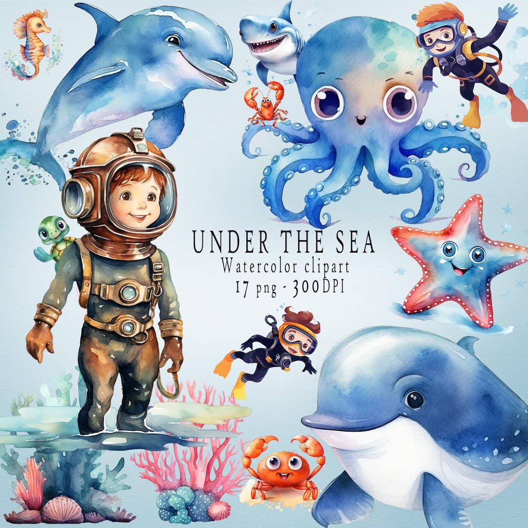 Watercolor Under the Sea Clip Art, Sea Life, Nursery, Birthday Products ...