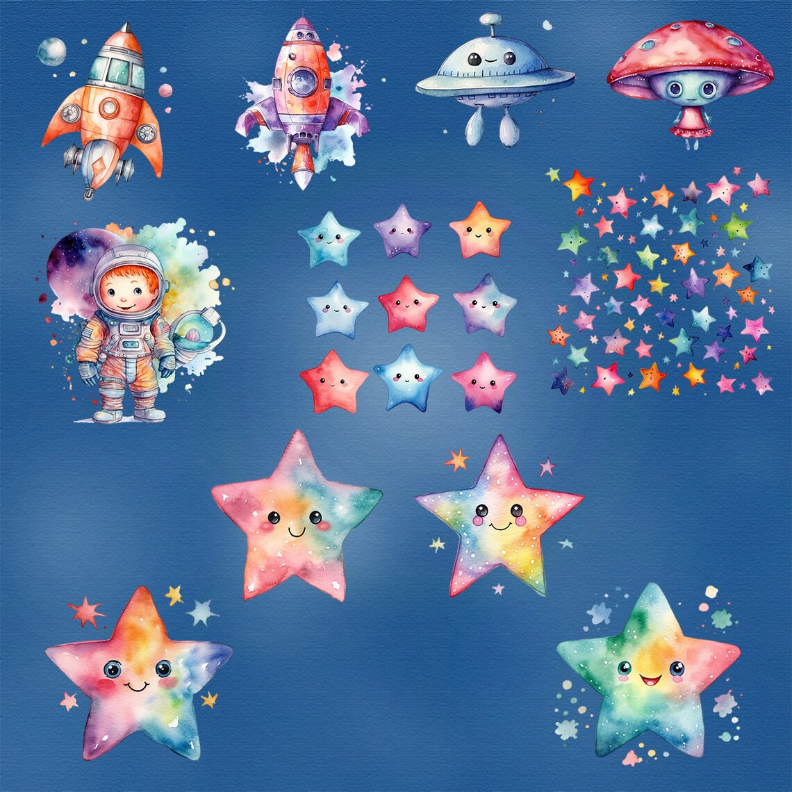 Space Watercolor Clipart, Planets Clip Art, Rockets, Watercolour PNG ...