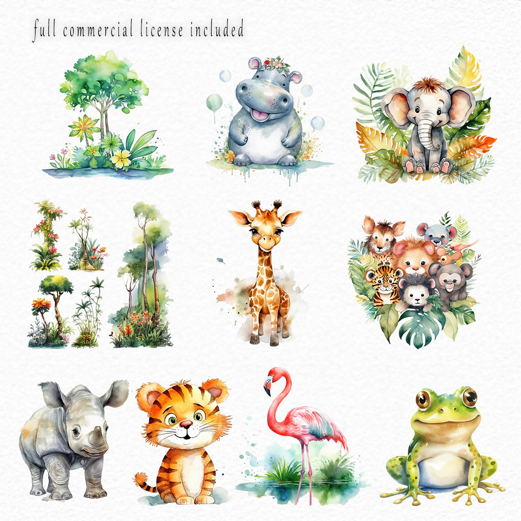 Watercolor Jungle Animals Clipart, Wildlife Images, Childs Room ...
