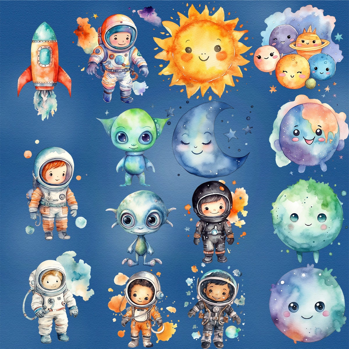 Space Watercolor Clipart, Planets Clip Art, Rockets, Watercolour PNG ...