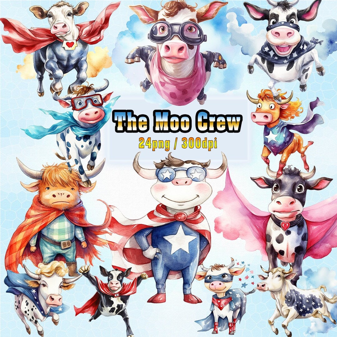 Watercolor Super Hero Cows Clip Art, Cow Clipart, Childs Bedroom Decals ...