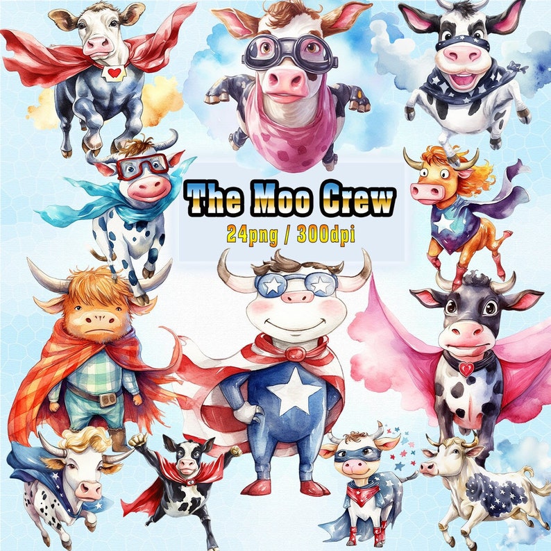 Watercolor Super Hero Cows Clip Art, Cow Clipart, Childs Bedroom Decals ...
