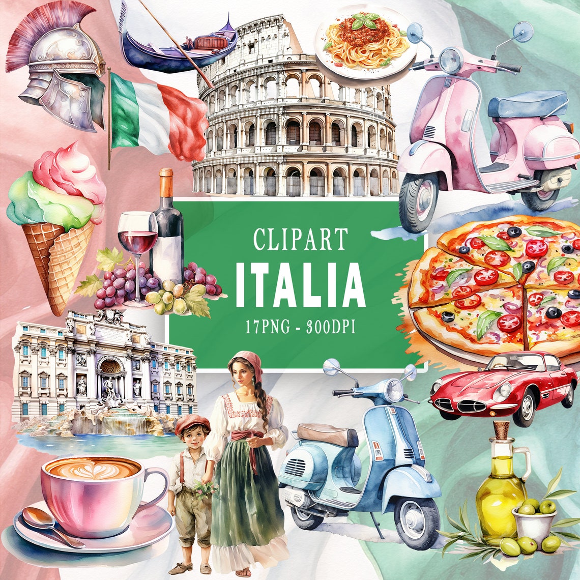 Italia Clipart - Italian Images, Tourisim Illustrations, Rome Elements ...