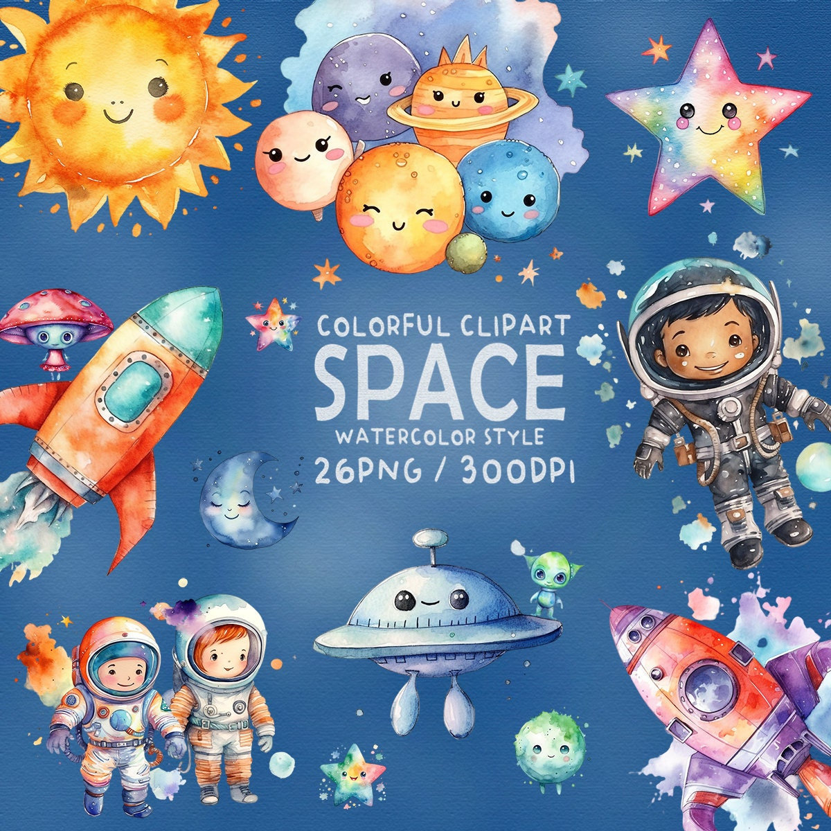 Space Watercolor Clipart, Planets Clip Art, Rockets, Watercolour PNG ...