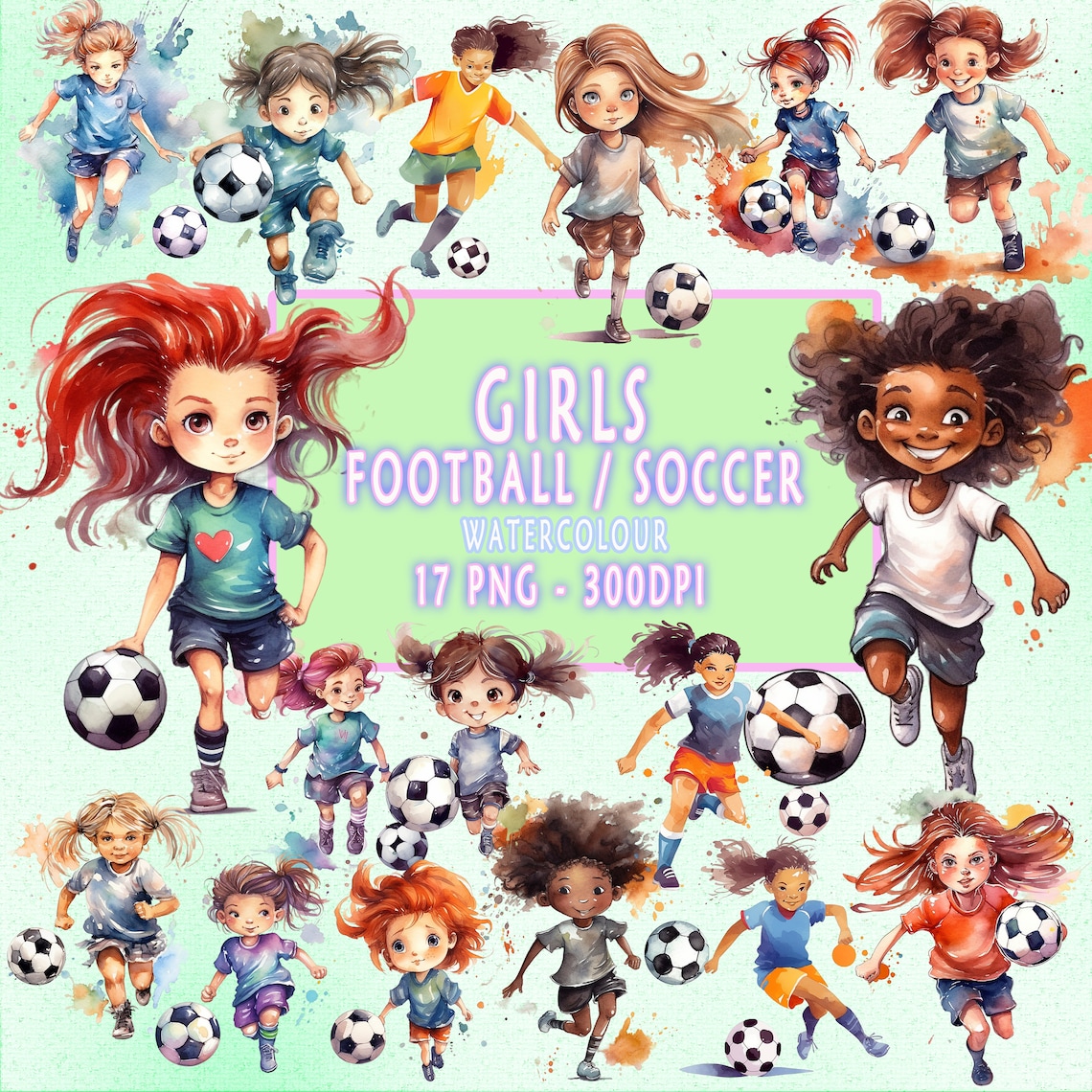 Watercolor Girls Soccer Clip Art, Girls Football Clipart, Childs Room ...