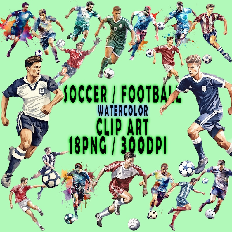 Watercolor Soccer Clipart: 18 PNG Sports Illustrations (digital ...