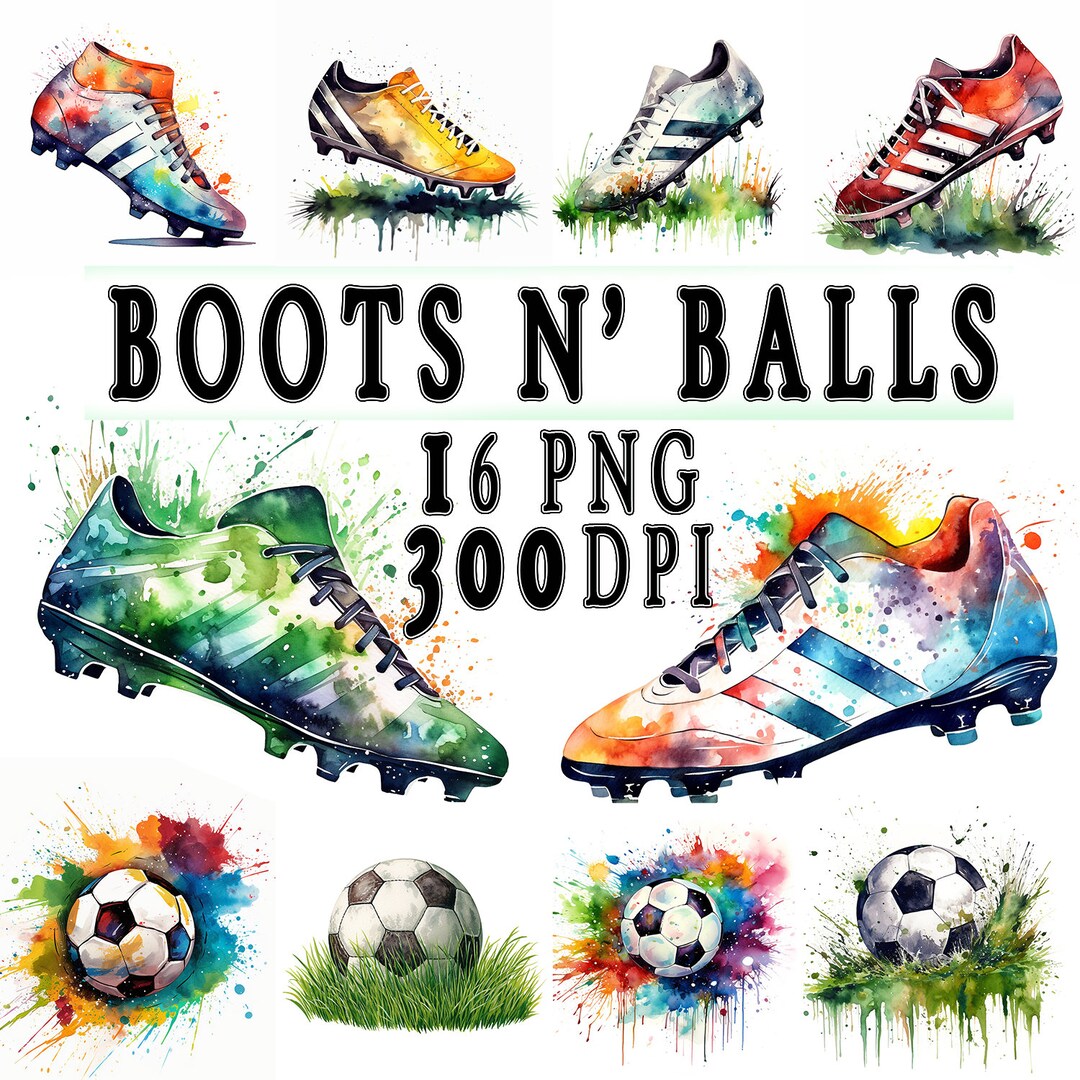 Watercolor Boots N' Balls Clip Art Football and Soccer Clipart Childs ...
