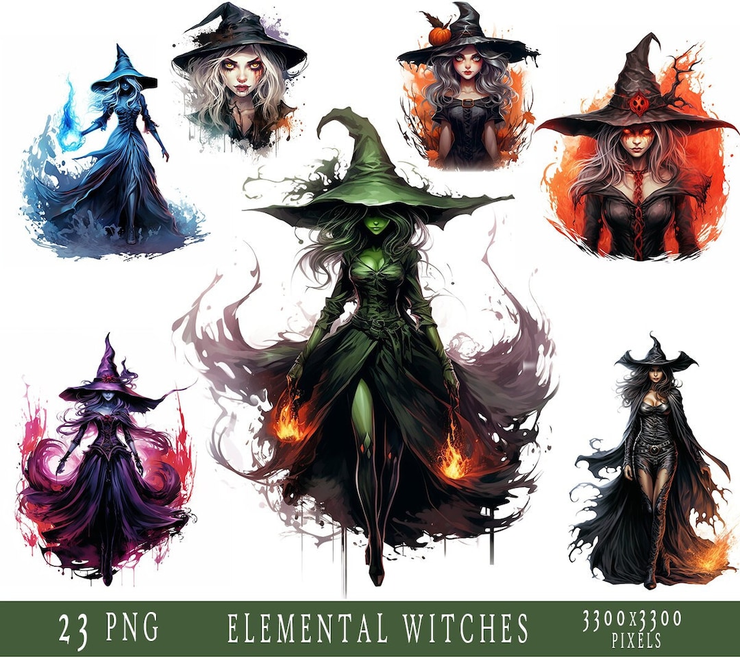 Elemental Witch Clipart PNG Set, 23 Witch Clipart, Commercial Use ...