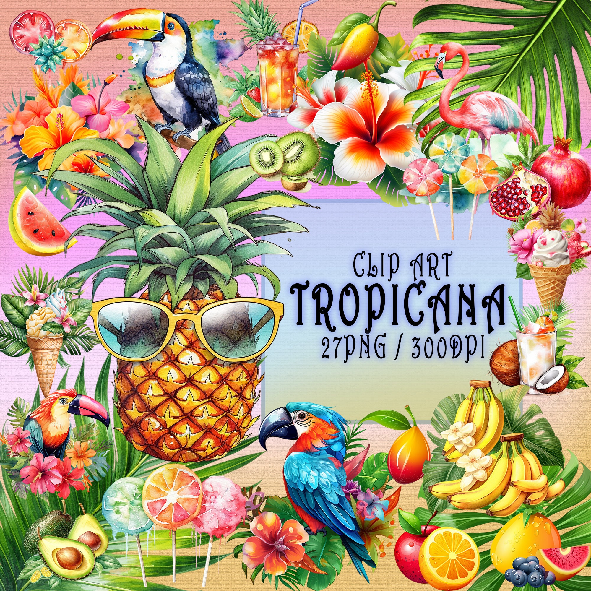 Tropicana Summer Clipart Vibrant Exotic Flowers Tropical - Etsy