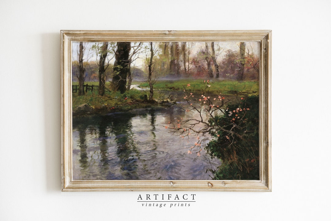 Rustic Antique Landscape Painting / Spring Wall Art / Country River ...