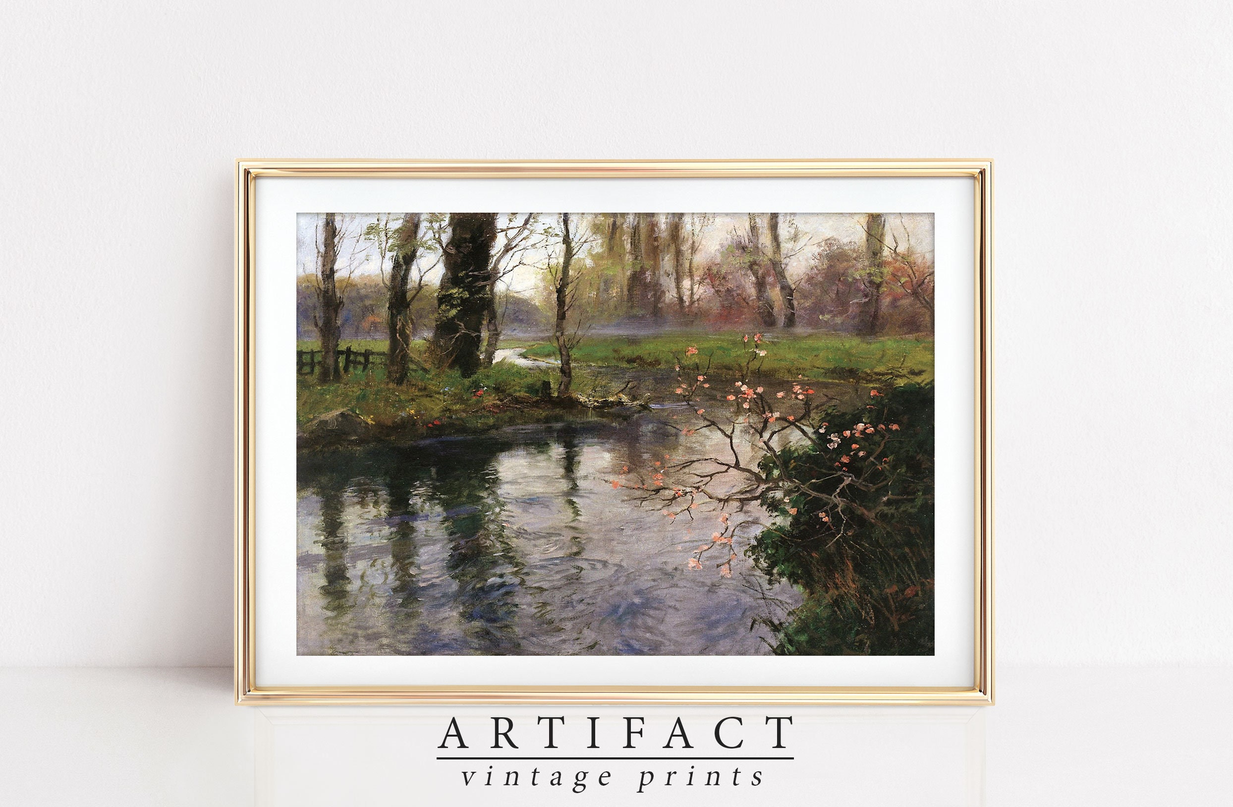 Rustic Antique Landscape Painting / Spring Wall Art / Country River ...