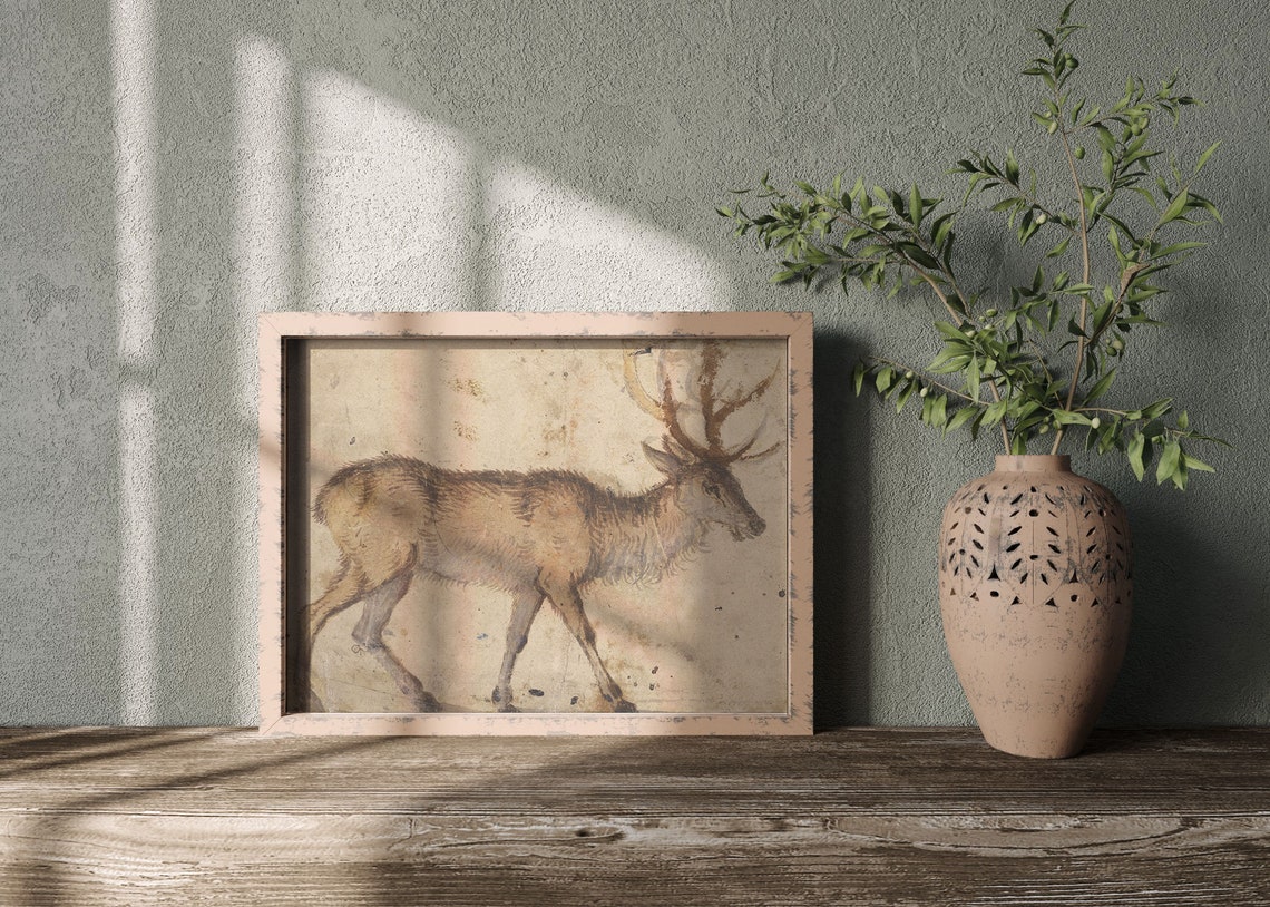 Vintage Elk Painting / Antique Animal Print / Winter Farmhouse Painting ...