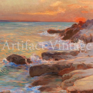Vintage Coastal Sunset Painting / Printable Ocean Painting / Beach Wall ...