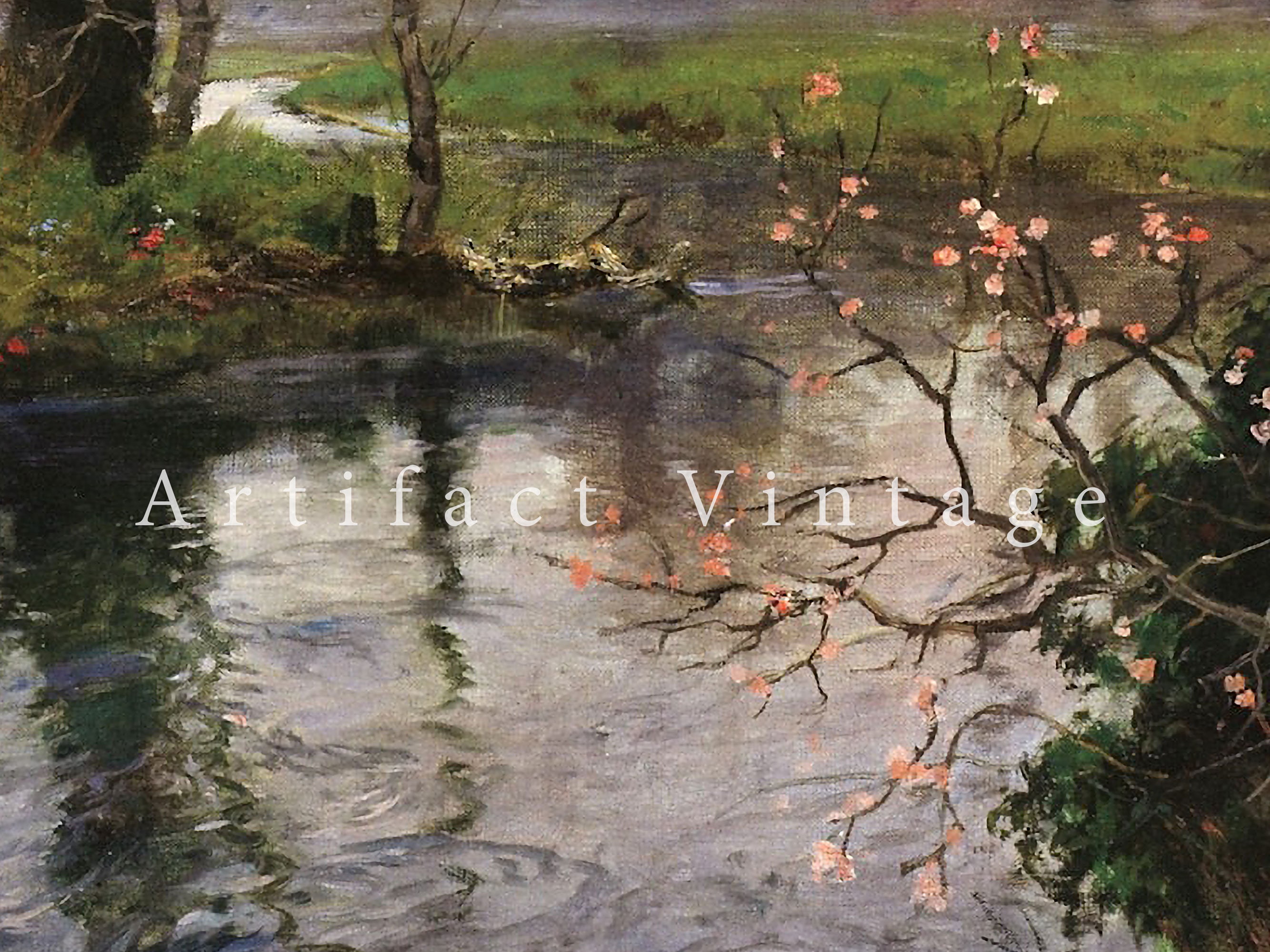 Rustic Antique Landscape Painting / Spring Wall Art / Country River ...