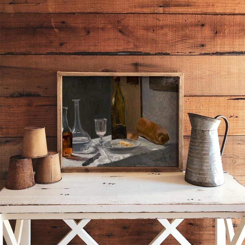 Still Life Painting of Table Set With Wine and Bread / Vintage Kitchen ...