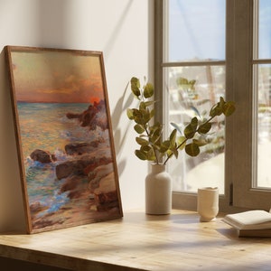 Vintage Coastal Sunset Painting / Printable Ocean Painting / Beach Wall ...