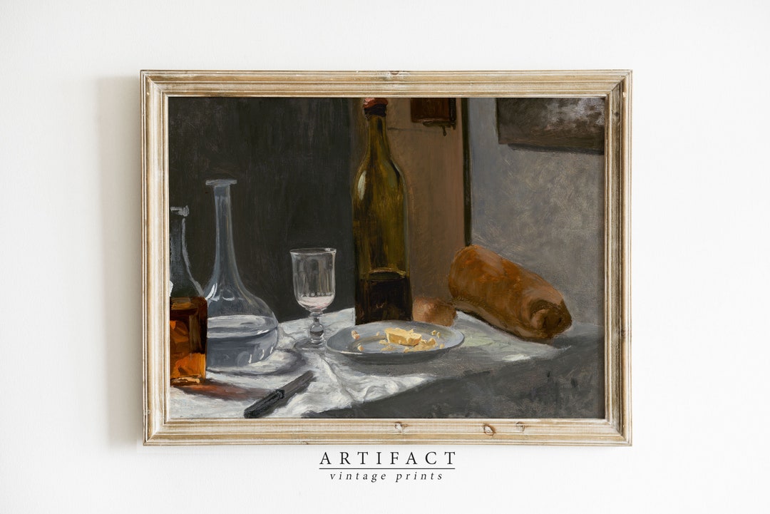 Still Life Painting of Table Set With Wine and Bread / Vintage Kitchen ...