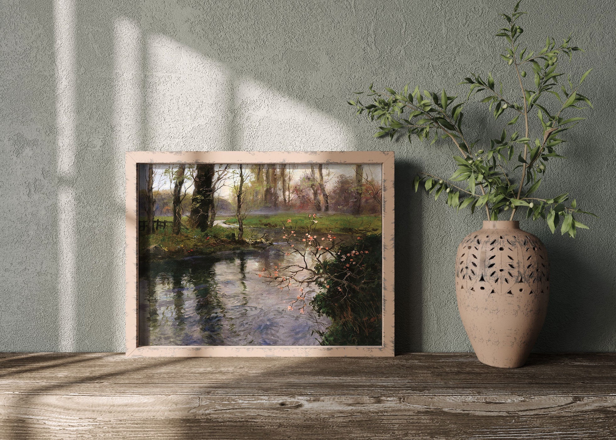 Rustic Antique Landscape Painting / Spring Wall Art / Country River ...