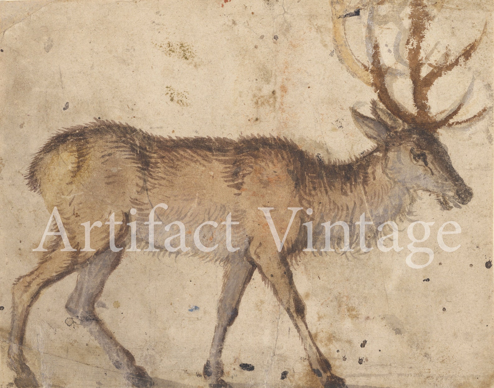 Vintage Elk Painting / Antique Animal Print / Winter Farmhouse Painting ...